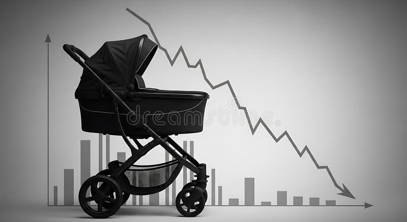 Demographic Decline Baby Carriage with Downturn Graph and Population ...