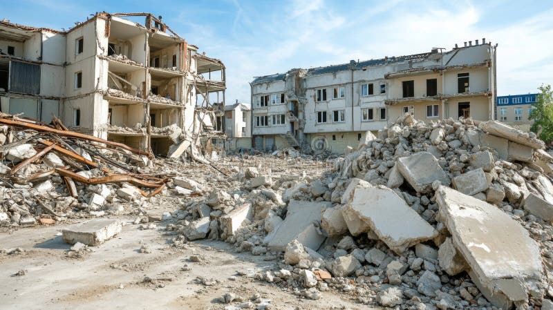 Demolished Building with Concrete Rubble and Exposed Structure Stock ...
