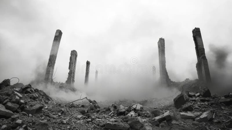 Wide-angle View of a Demolished Building, with Dust Clouds Rising from ...