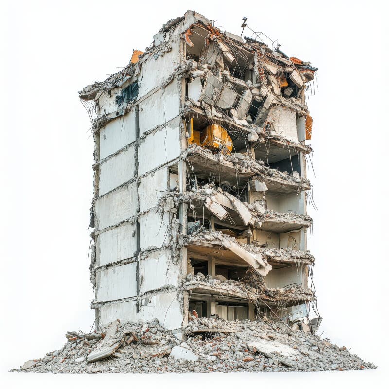 Demolished Concrete Building Against White Background Stock ...