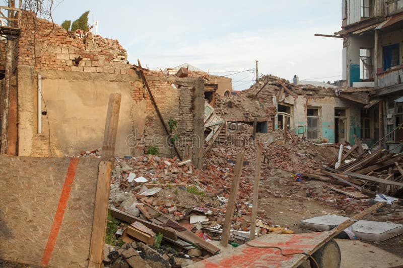 Demolished Devastated Building on the Background of Blue Sky Stock ...