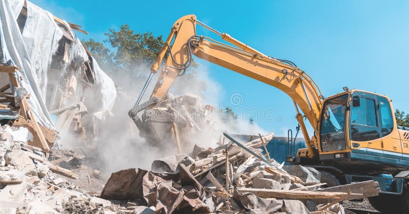 Demolition Building. Excavator Destroy Old House Stock Photo - Image of ...