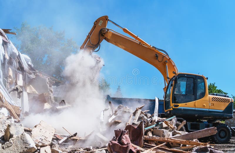 Demolition of Building. Excavator Destroy Old House Stock Photo - Image ...