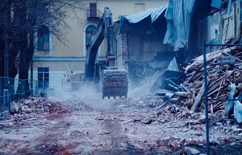 The Demolition of Building, Excavator in Work, Destruction Stock Image ...