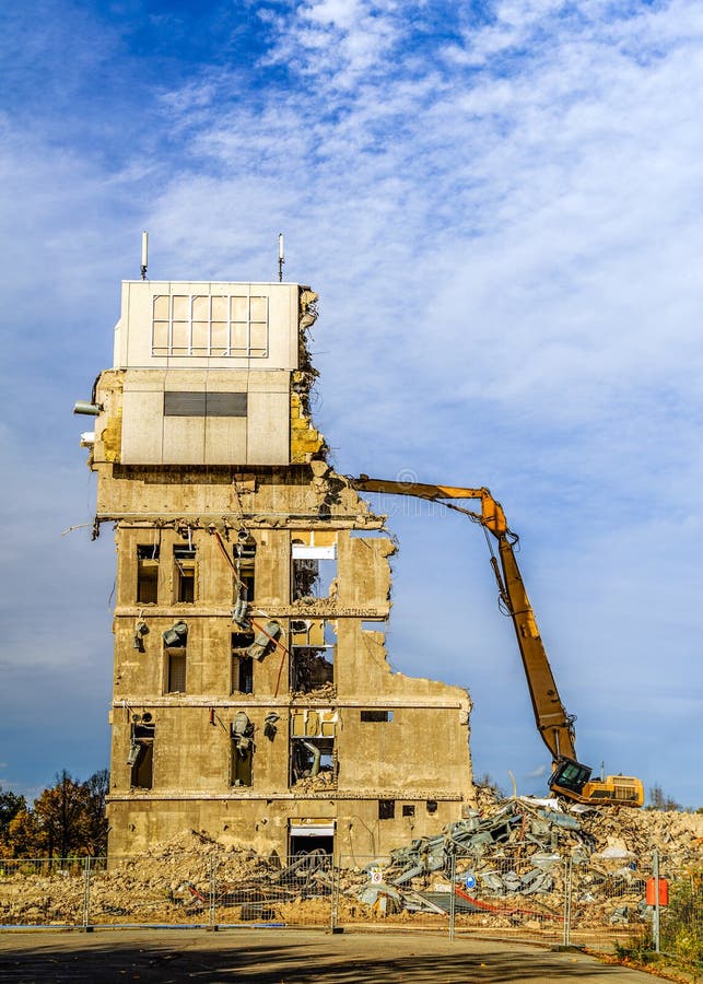 Demolition of a Building with Excavators Stock Photo - Image of ...