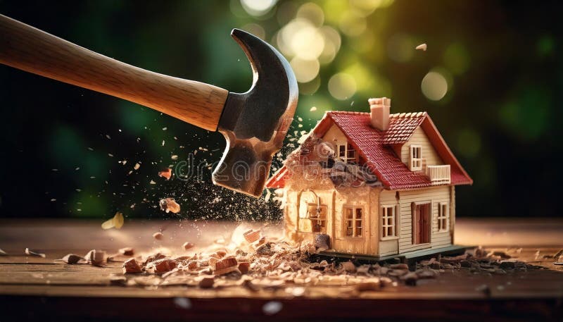 Demolition Concept: Hammer Destroys Small House Stock Illustration ...
