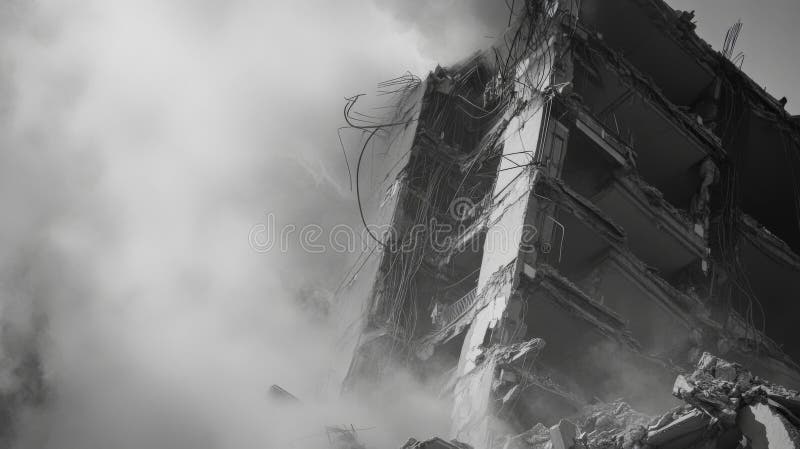 Demolition of a Concrete Building with Dust and Debris Stock ...