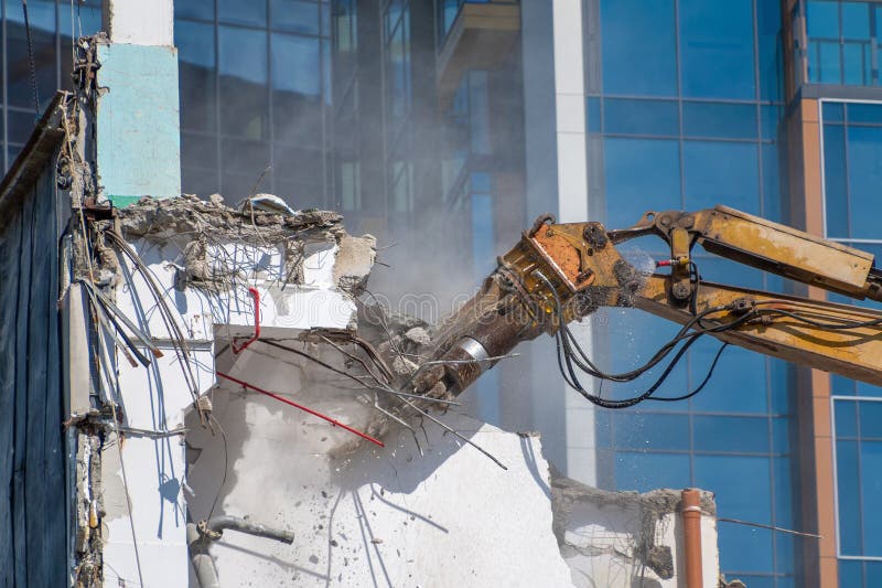 Demolition Excavator Breaking Concrete on Urban Building Site Stock ...