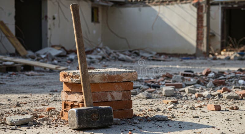 Demolition Hammer Resting on Bricks after Building Destruction Stock ...