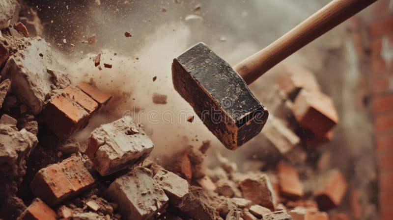 Demolition Hammer Striking Bricks, Debris Flying, Construction Site ...