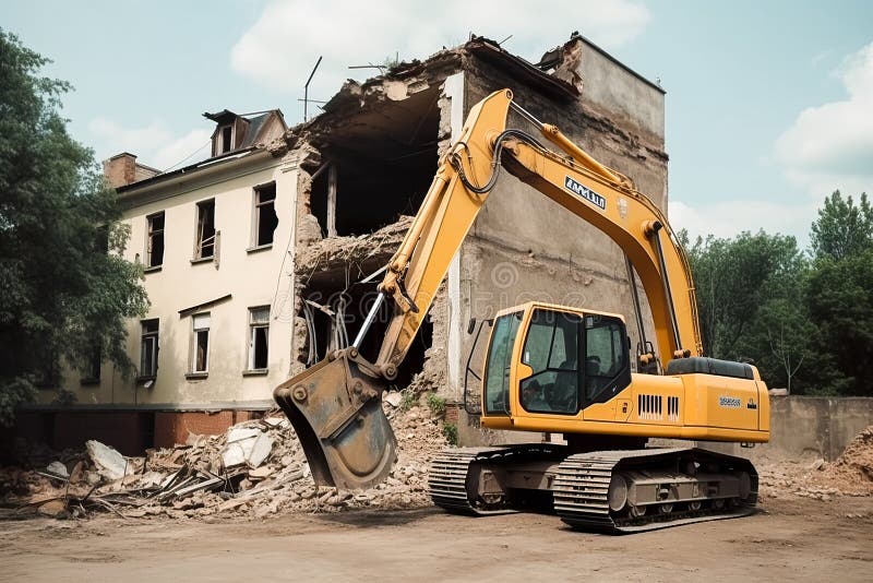 Demolition of an Old Building. Excavator Digs the Ground Stock Photo ...