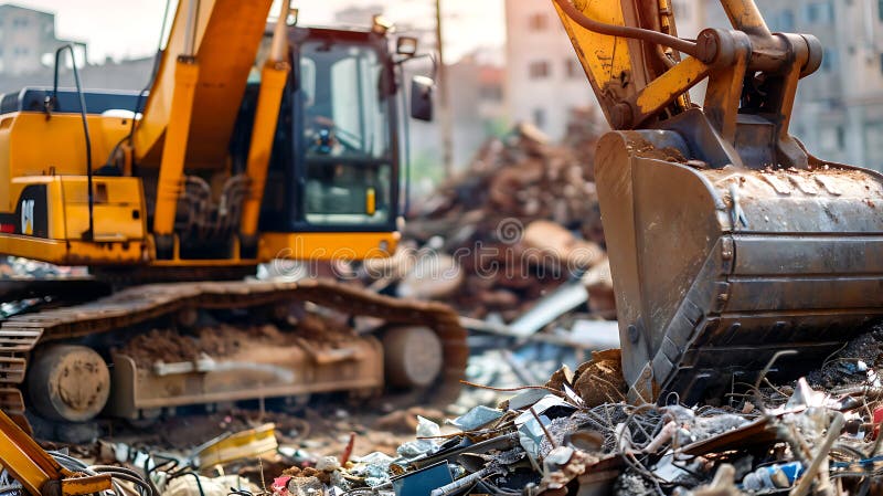 Demolition of Old Buildings. Excavator at Demolition Site. Stock ...