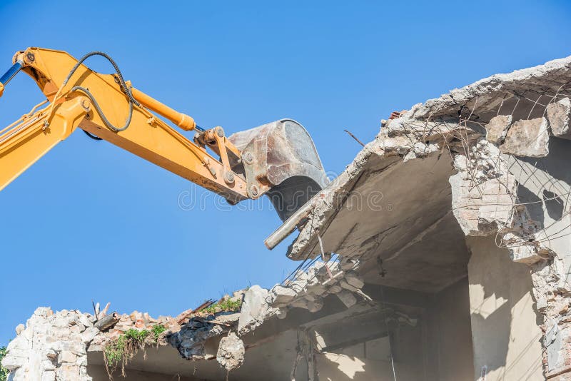 Demolition of an Old House with Excavator Stock Image - Image of site ...