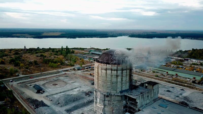Demolition of Old Industrial Building by Exploding Dynamite, Aerial ...