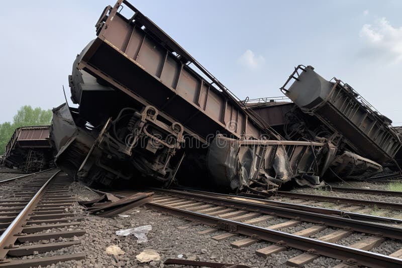 A Demolition Train a Derailed Train with Several Wagons Lying on Top of ...