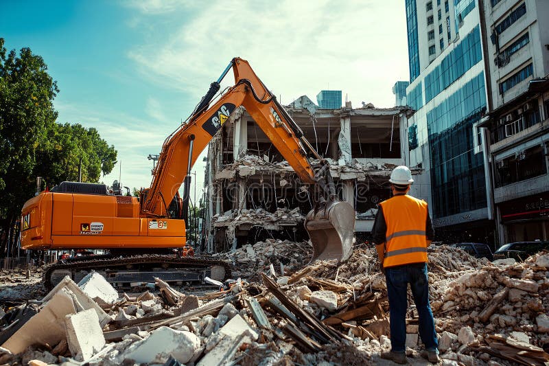 Demolition Work at a Construction Site. Excavator Working on Demolition ...