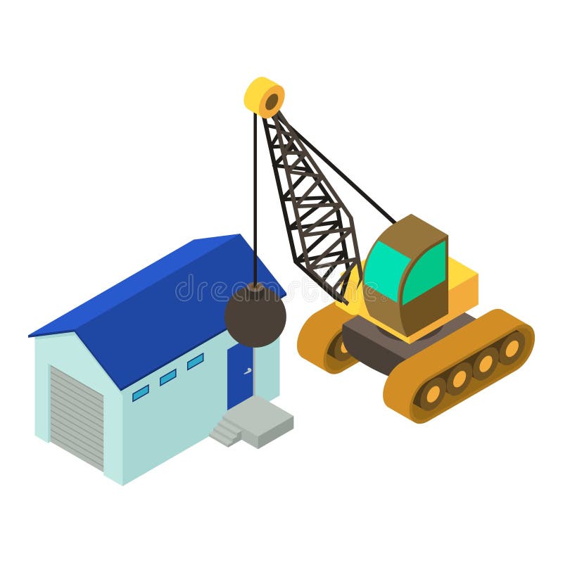 Demolition Work Icon Isometric Vector. Demolition Crane and Old Utility ...