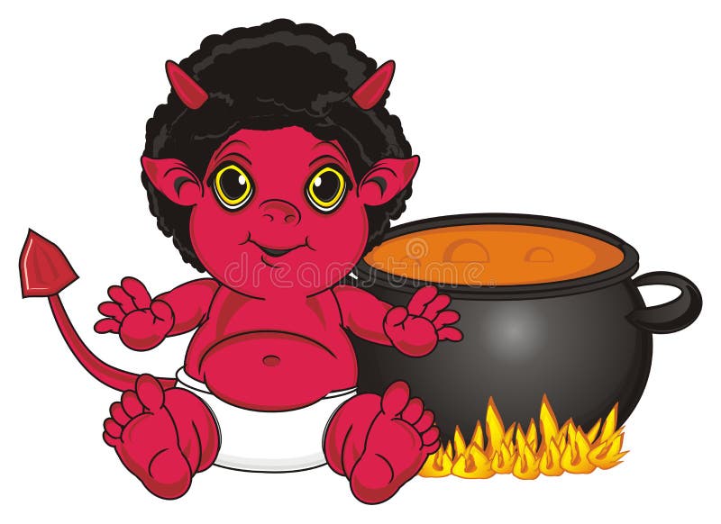 Devil Boil Sinners Boiler. Demon Cooking Big Black Pan Stock Vector ...