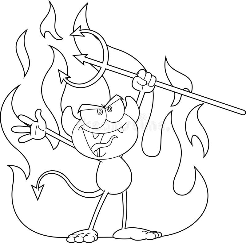 Outlined Angry Little Devil Cartoon Character Holding a Pitchfork Over ...
