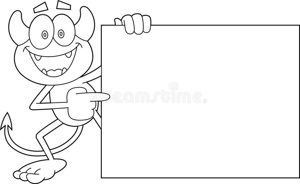 Outlined Happy Little Devil Cartoon Character Pointing To Blank Sign ...