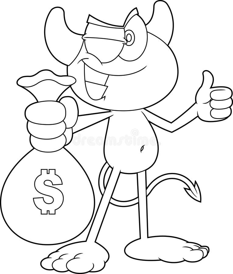 Outlined Winking Little Devil Cartoon Character Holding a Money Bag and ...