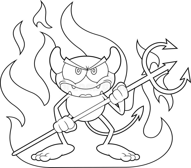 Outlined Angry Little Devil Cartoon Character Holding a Pitchfork Over ...