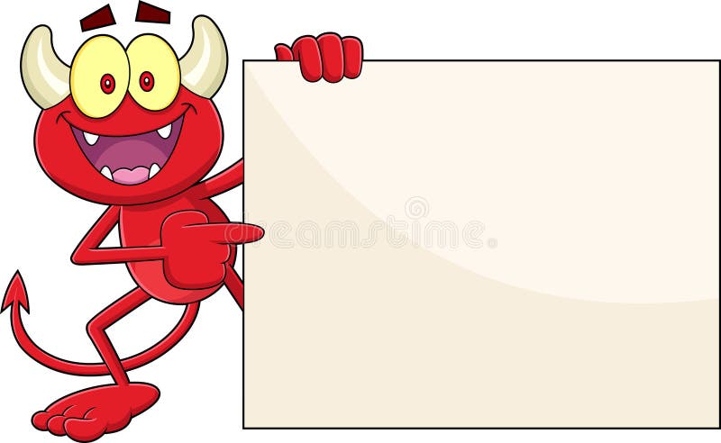 Happy Little Red Devil Cartoon Character Pointing To Blank Sign Stock ...