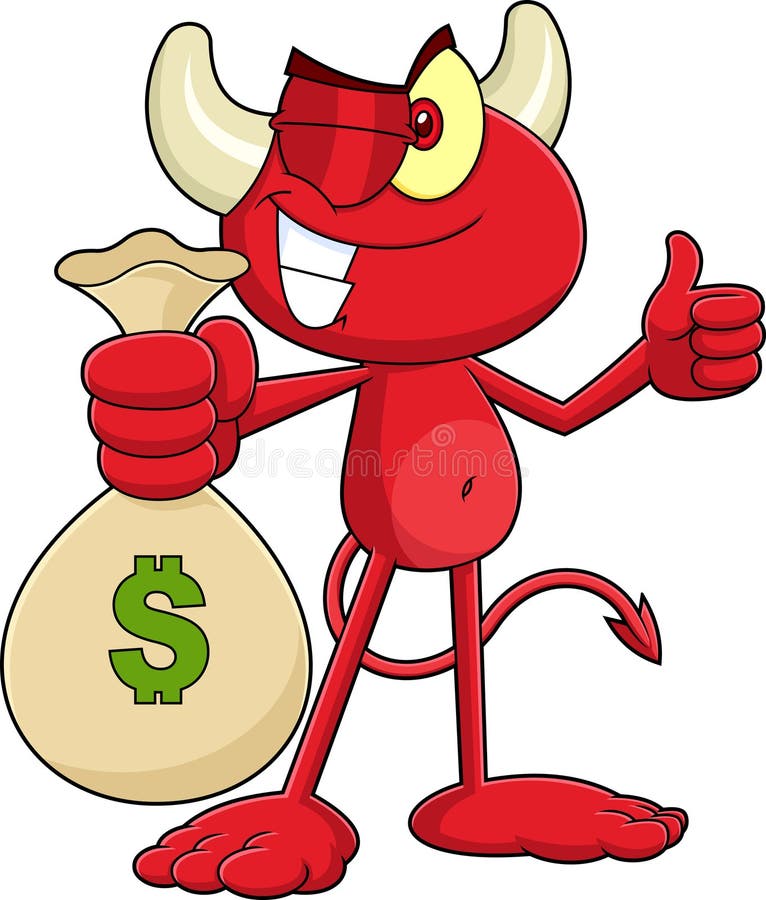 Winking Little Red Devil Cartoon Character Holding a Money Bag and ...