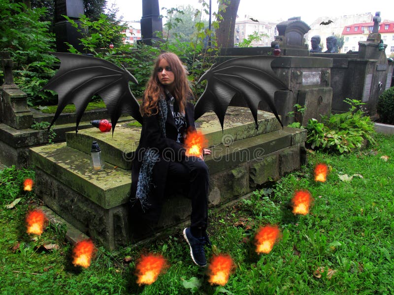 The Demon Girl Sits on the Grave in the Cemetery Stock Illustration ...