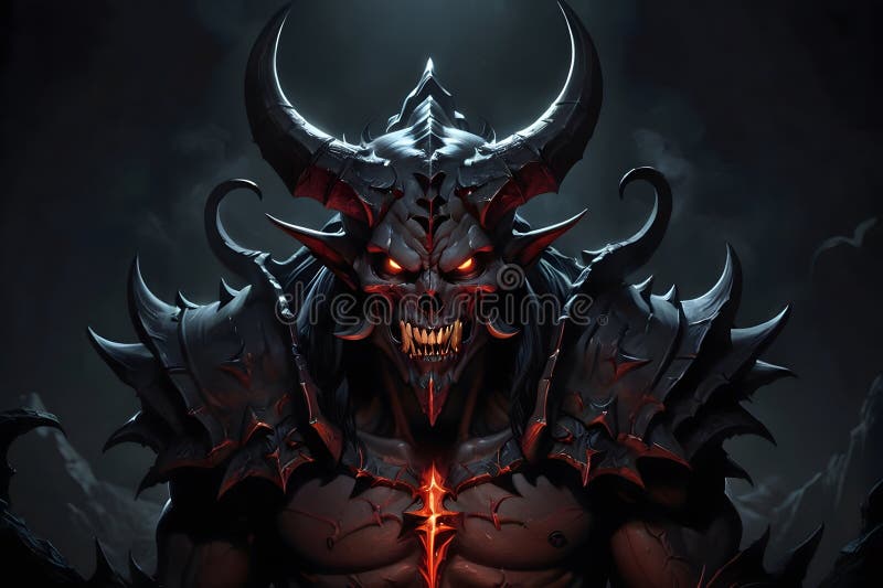 Demon with Glowing Red Eyes, Horned Helmet, and Sharp Armor, in Dark ...