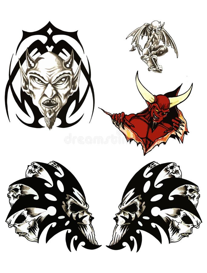 Demon Tattoo Set. Skull Tattoo Set. Set of Labels and Elements. Vector ...