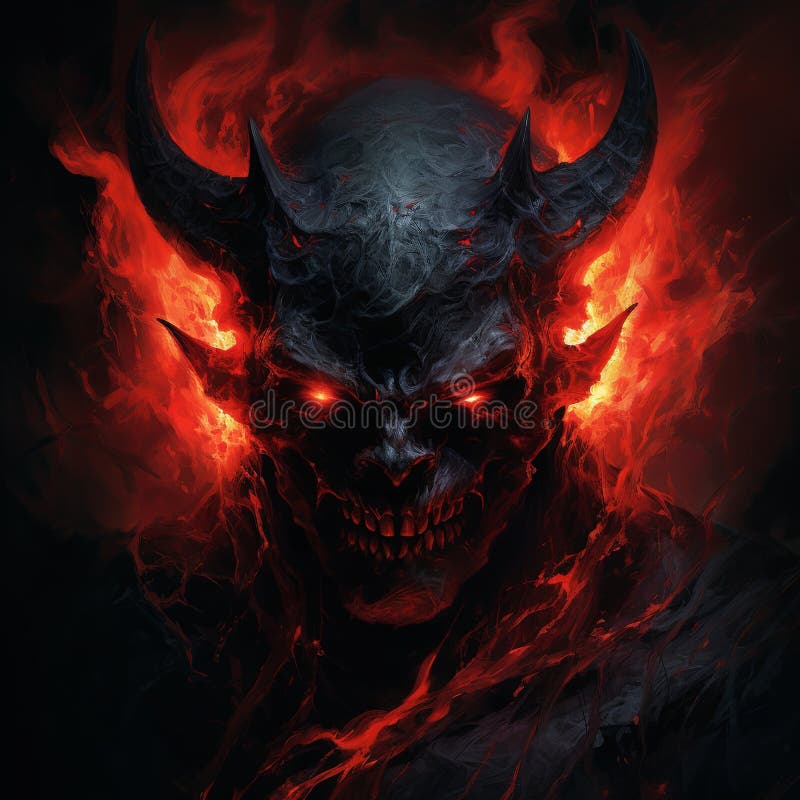 Demonic Creature with Glowing Eyes and Horns Rising from Hells Fire ...