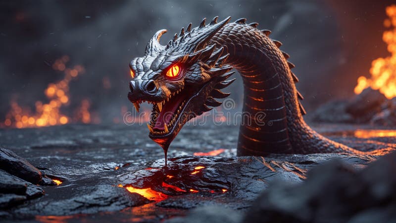 Demonic Serpent Rising from Lava Pool, Eyes Glowing with Burning Hatred ...