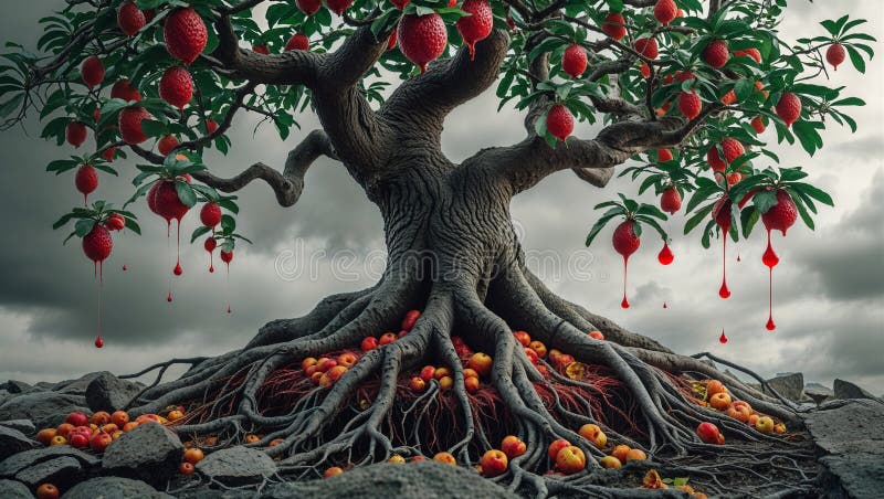 Demonic Tree with Roots in Pain and Fruits Dripping Ven Stock ...