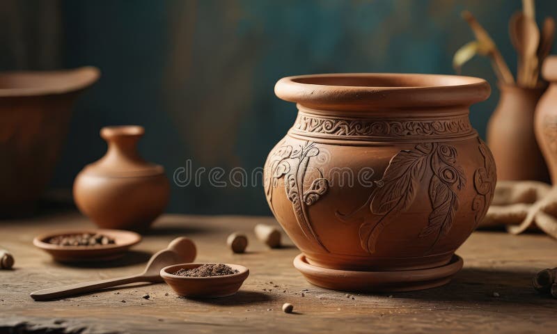Clay Pot with Spoon and Spoons Stock Illustration - Illustration of ...