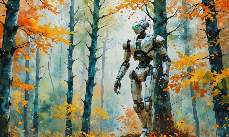 Robot in the Woods Surrounded by Autumn Leaves Stock Illustration ...