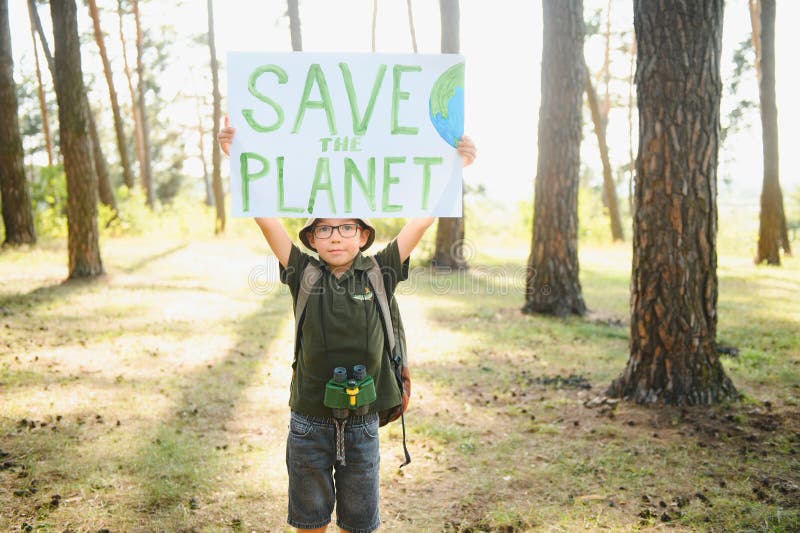 Demonstration Against Global Warming and Pollution. Child Boy Making ...