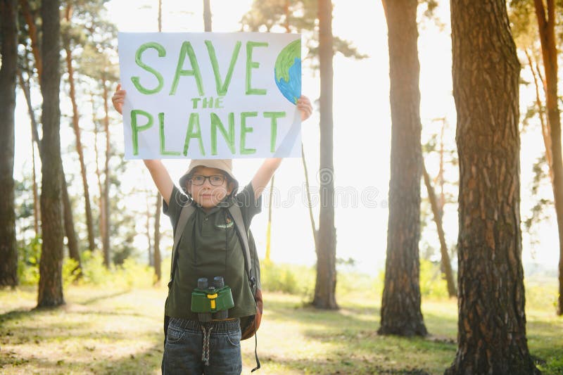 Demonstration Against Global Warming and Pollution. Child Boy Making ...