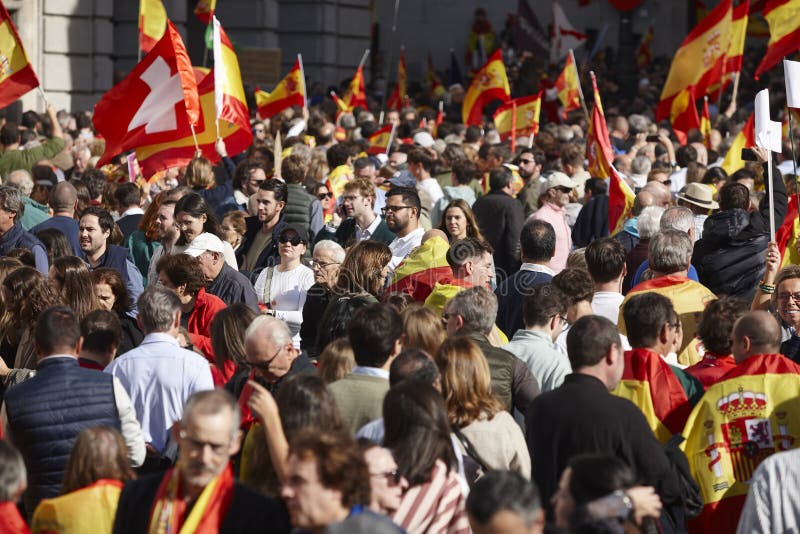 Demonstration in Spain with Spanish Flags. Protest. Crowd in Madrid ...