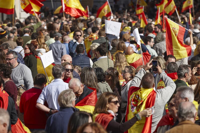 Demonstration in Spain with Spanish Flags. Protest. Crowd in Madrid ...