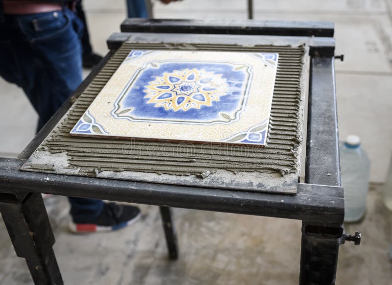Tile Adhesive on the Shelf, Demonstration Technique Tile System Stock ...
