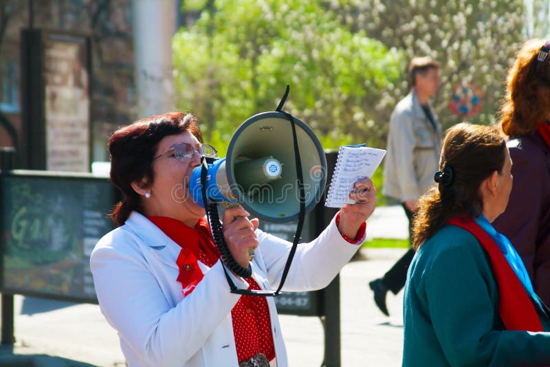 Demonstrator with a Megaphone in the May Day Demonstration in Volgograd ...