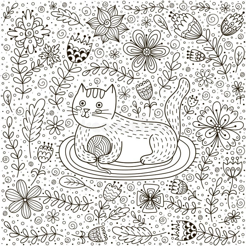 Den Gulliga Katten Med Ett Garnnystan Och Ett Klotter Blommar Vektor ... Den Gulliga Katten Med Ett Garnnystan Och Ett Klotter Blommar Vektor ...