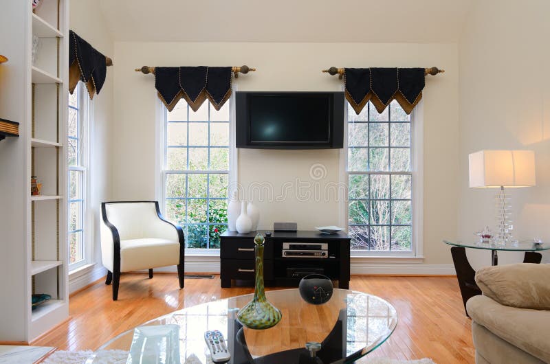 Den with wall of windows stock photo. Image of residence - 13458454