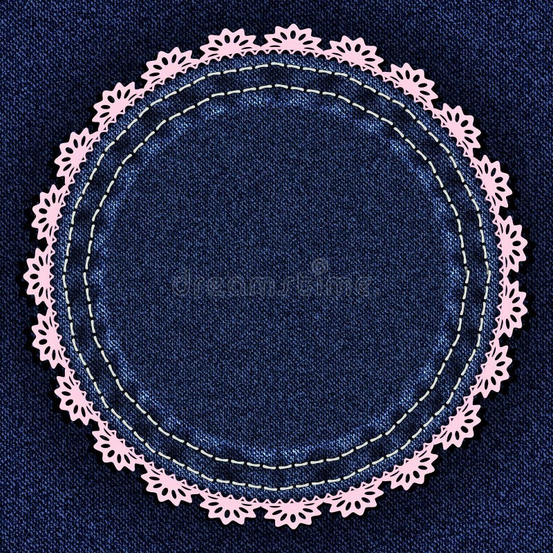 Denim Blue Background with Round Sewn Jeans Patch and Lace. Stock ...