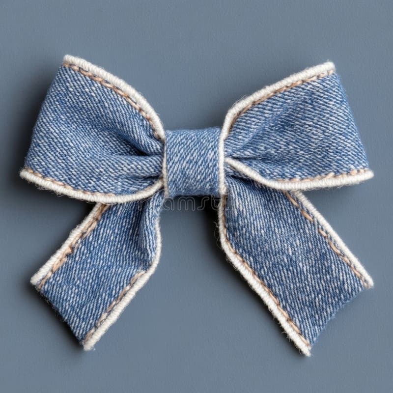 Denim Bow with White Stitching Displayed Against a Gray Background ...