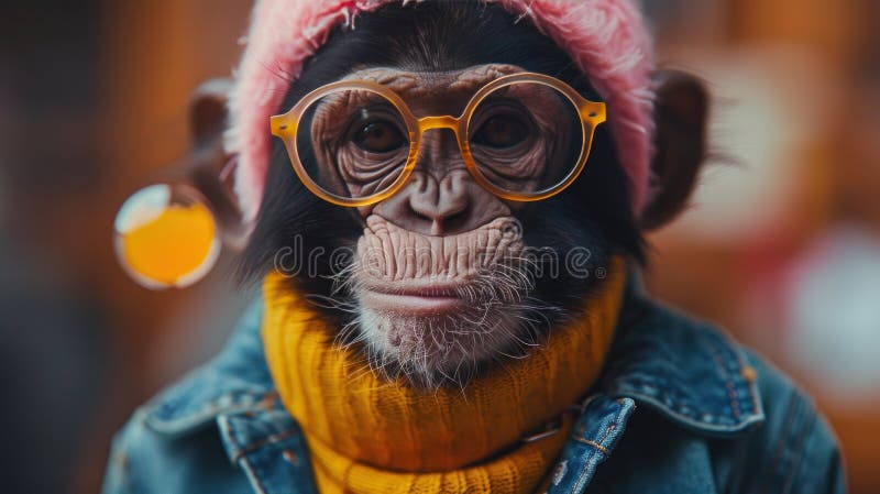 Denim-clad Anthropomorphic Monkey Blowing Bubble Gum on Solid ...