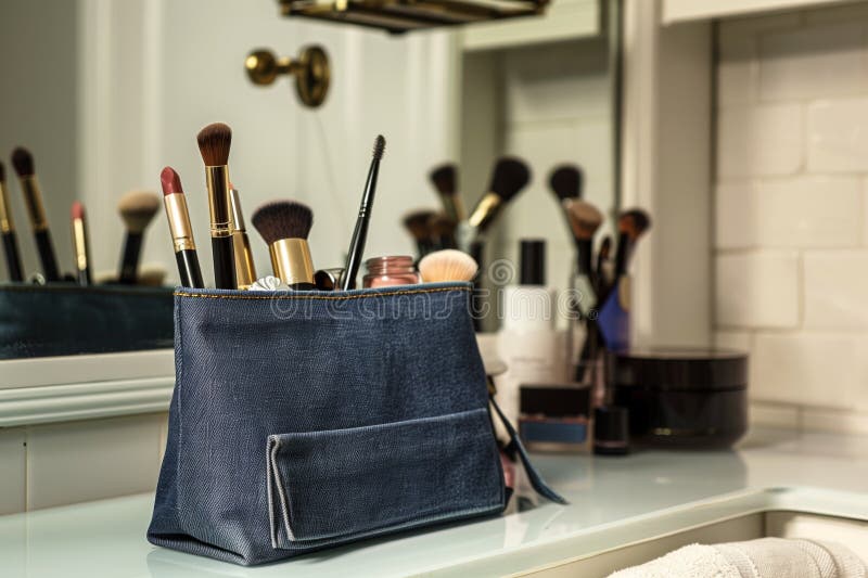 Denim Cosmetic Bag with Makeup Items on Vanity Stock Photo - Image of ...