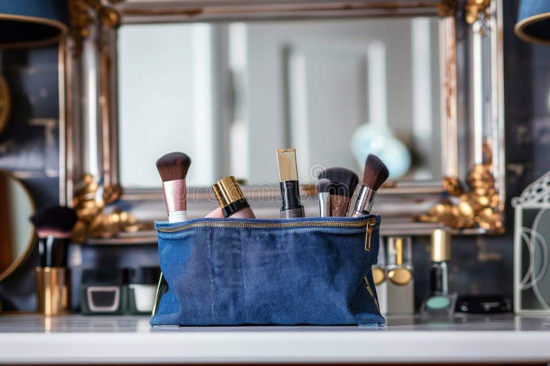 Denim Cosmetic Bag with Makeup Items on Vanity Stock Image - Image of ...
