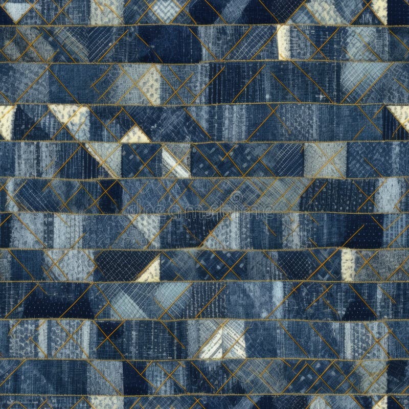 Denim Herringbone Pattern with Cross Stitch and Patchwork Details Stock ...